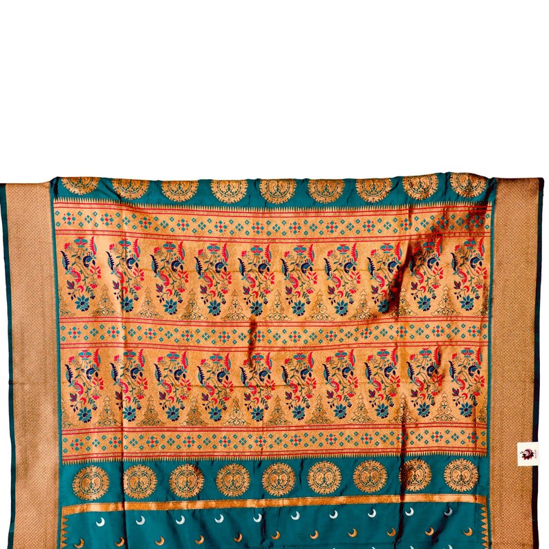 Rama Green Color Chandrakor Semi Paithani Saree With Copper Zari Border ...