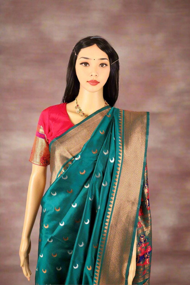Rama Green Color Chandrakor Semi Paithani Saree With Copper Zari Border ...