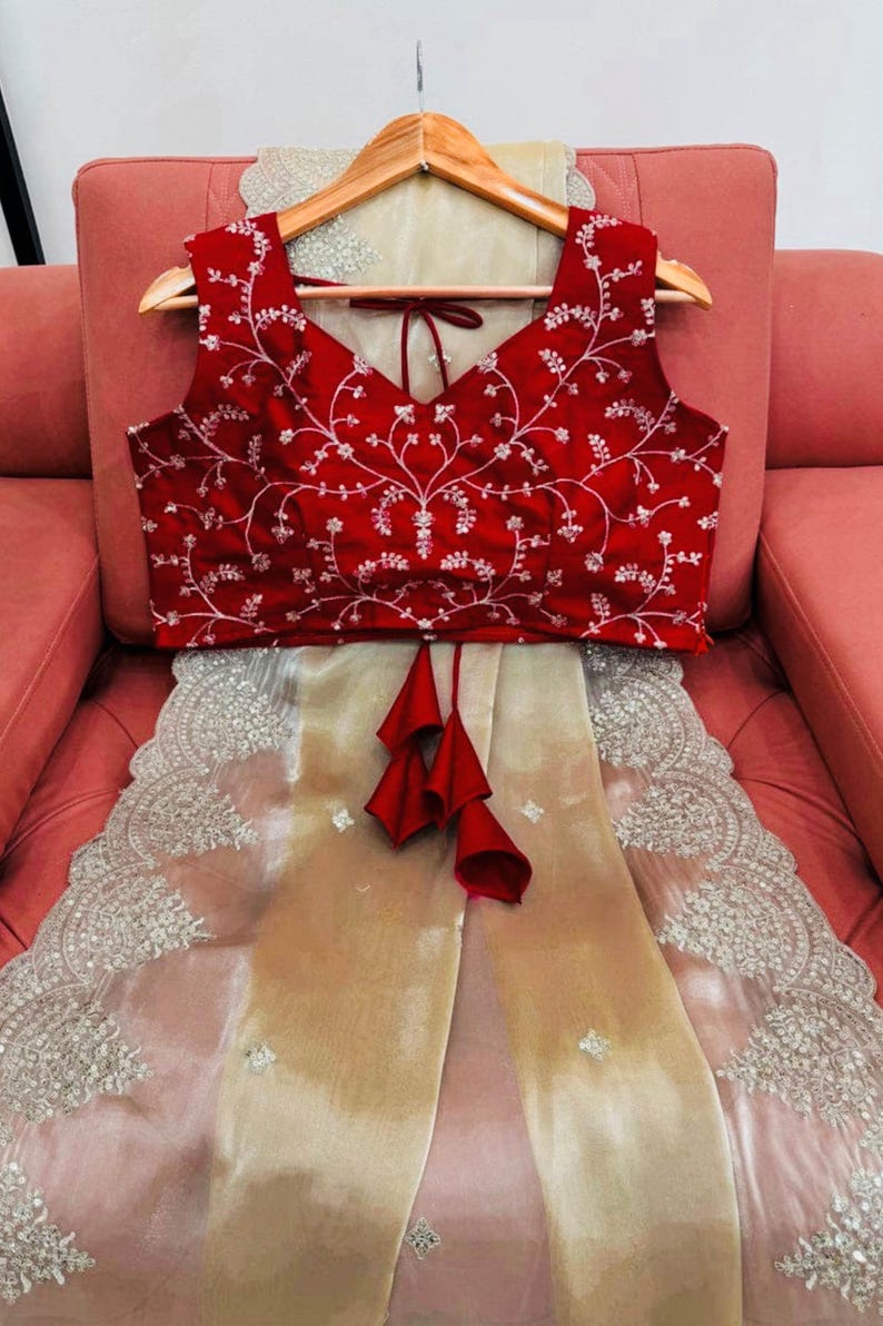 Dark Ivory Shimmery Tissue Silk Saree With Red Embroidered Readymade ...