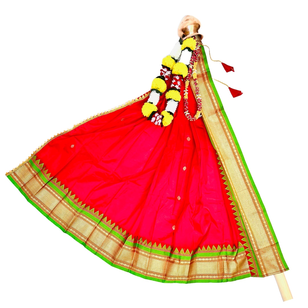 Red Paithani Gudi Vastra With Green Golden Border, Readymade Paithani ...