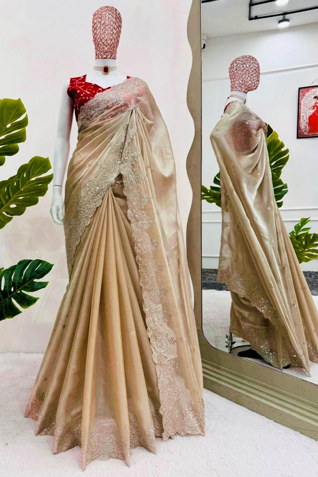 Dark Ivory Shimmery Tissue Silk Saree With Red Embroidered Readymade ...