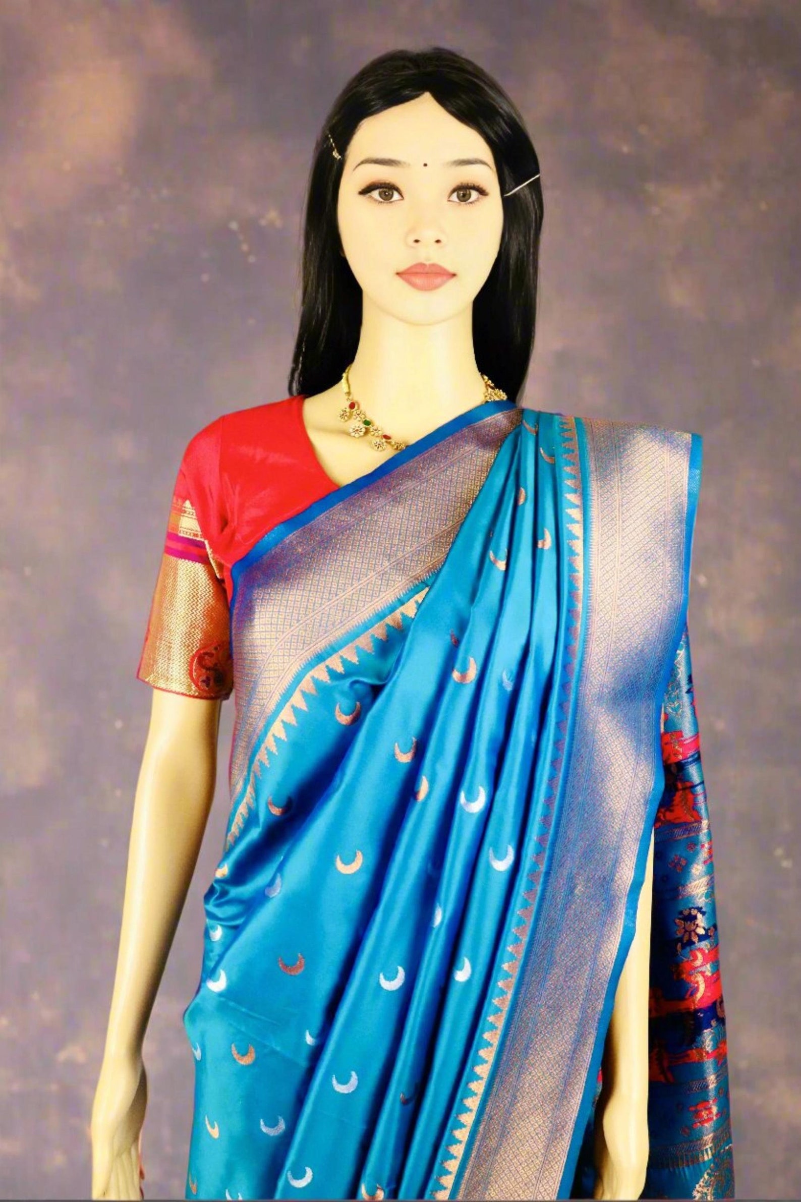 Peacock Blue Color Chandrakor Semi Paithani Saree With Copper Zari ...