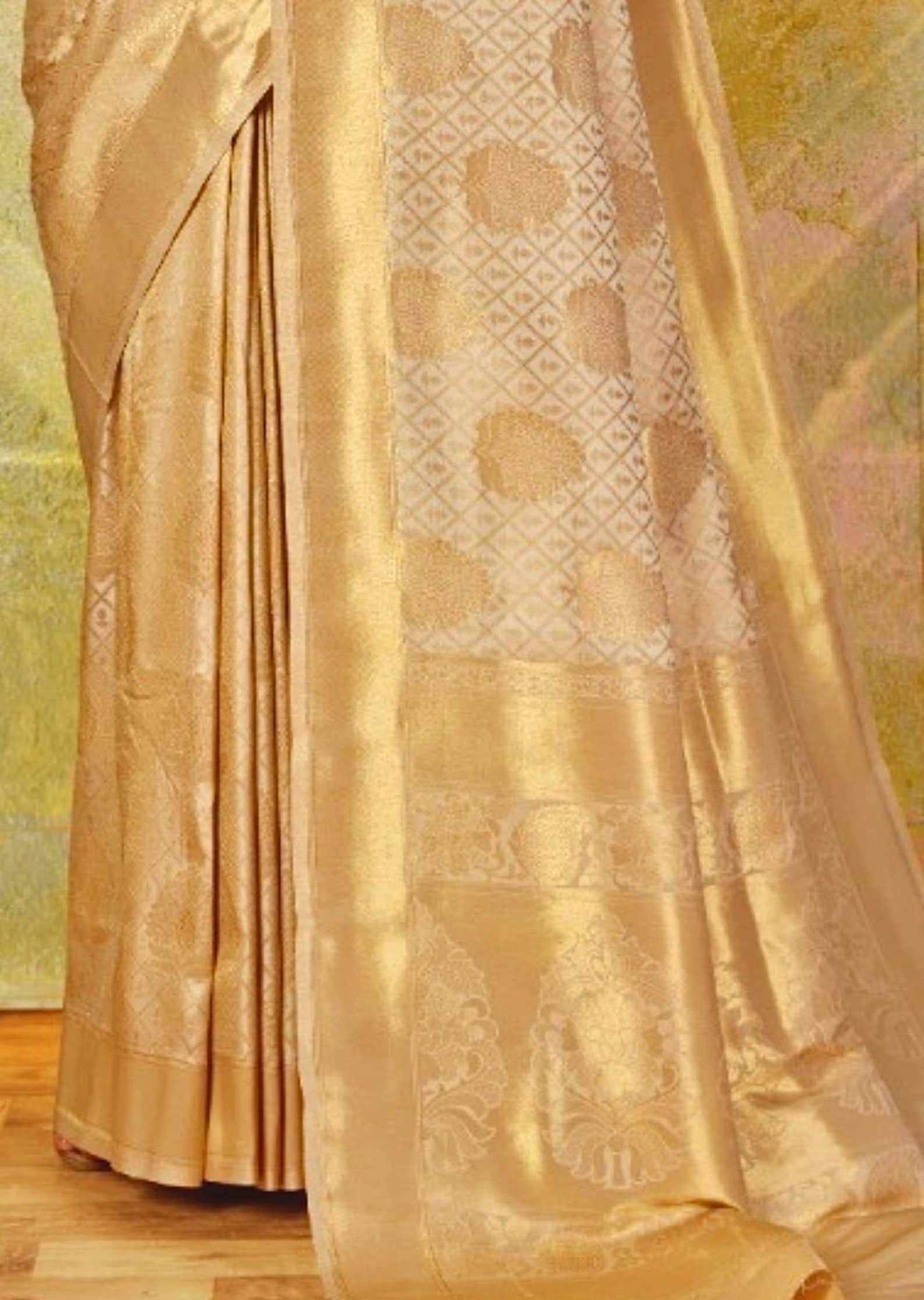 Exquisite Golden Color Handloom Silk Saree With Gold Zari Border and ...
