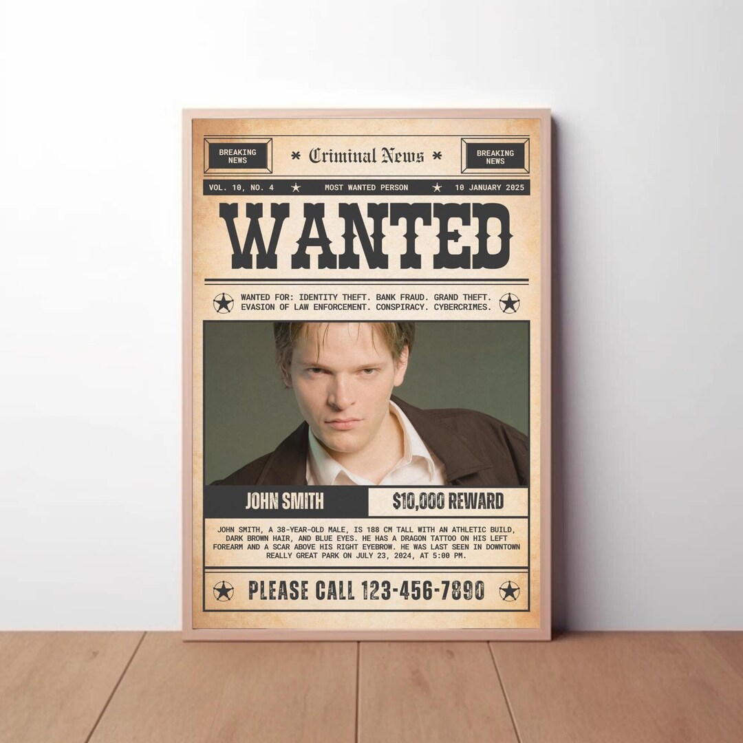Vintage Beige and Black Newspaper WANTED Poster Photo & Name, Digital ...