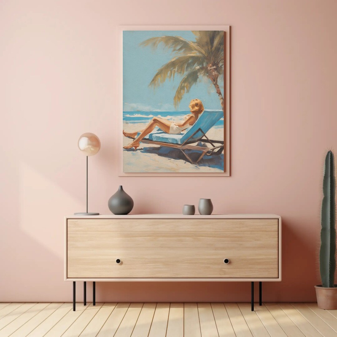 32x48 Printed and Shipped Vintage Young Woman Painting Antique Beach ...