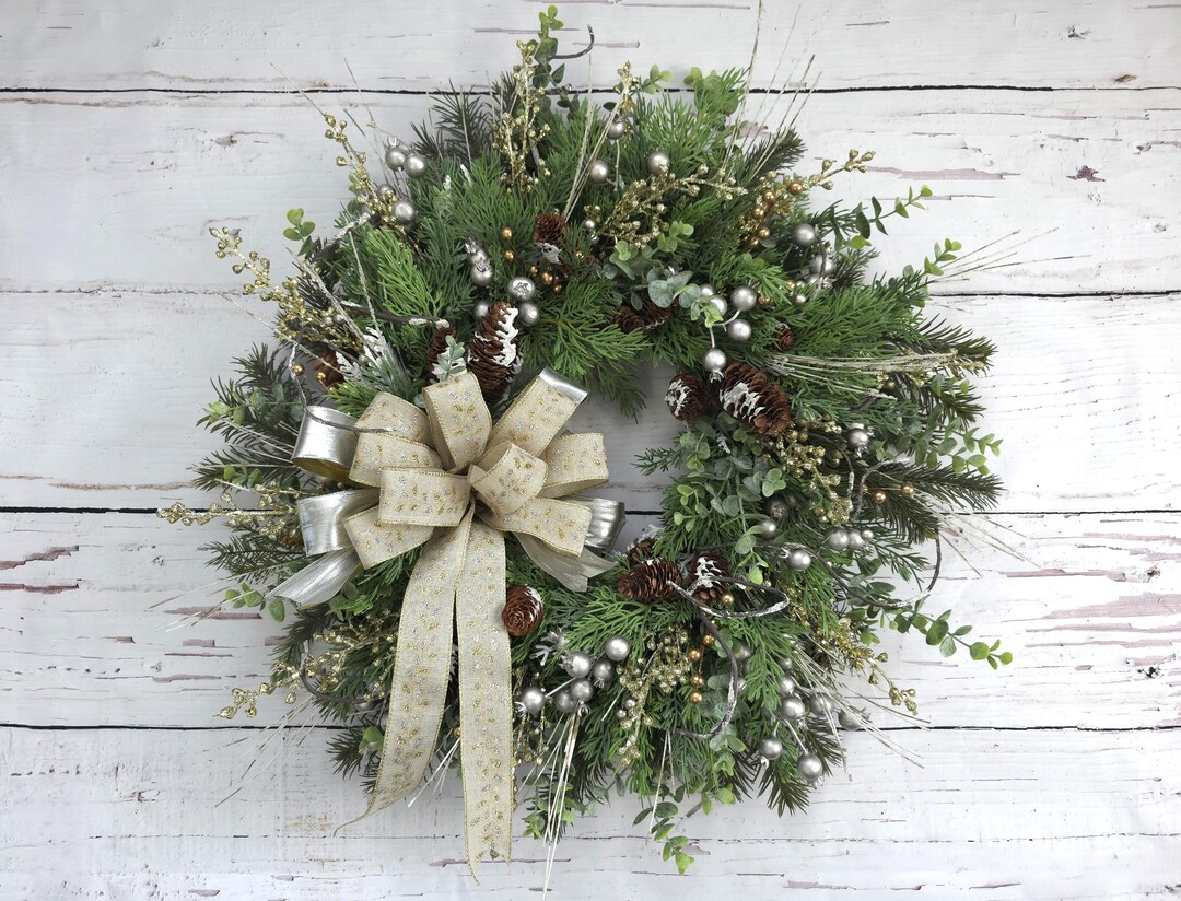 Winter Greenery Wreath, Burlap Bow, Pinecones, Silver Accents - Etsy