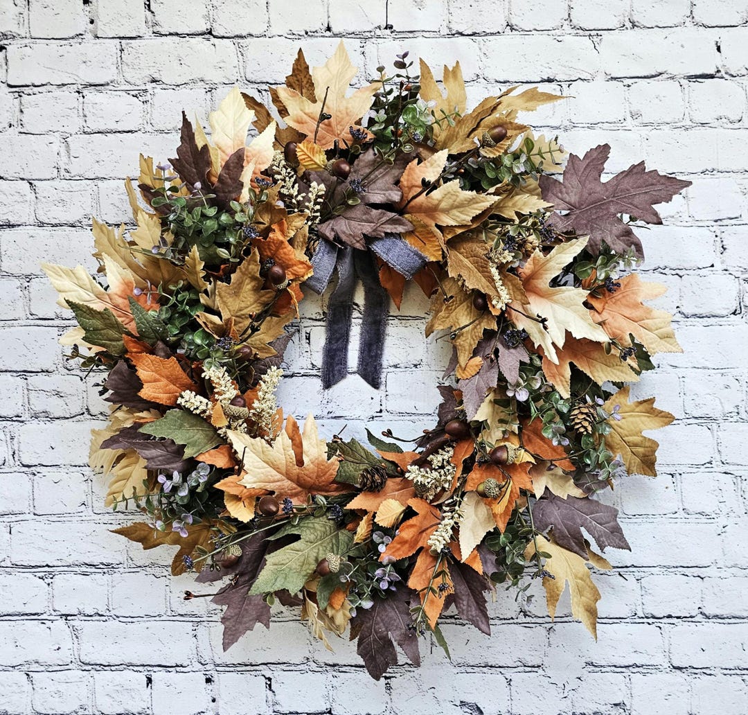 Handmade Fall Leaf Wreath With Acorns - Autumn Door Decoration - Rustic ...