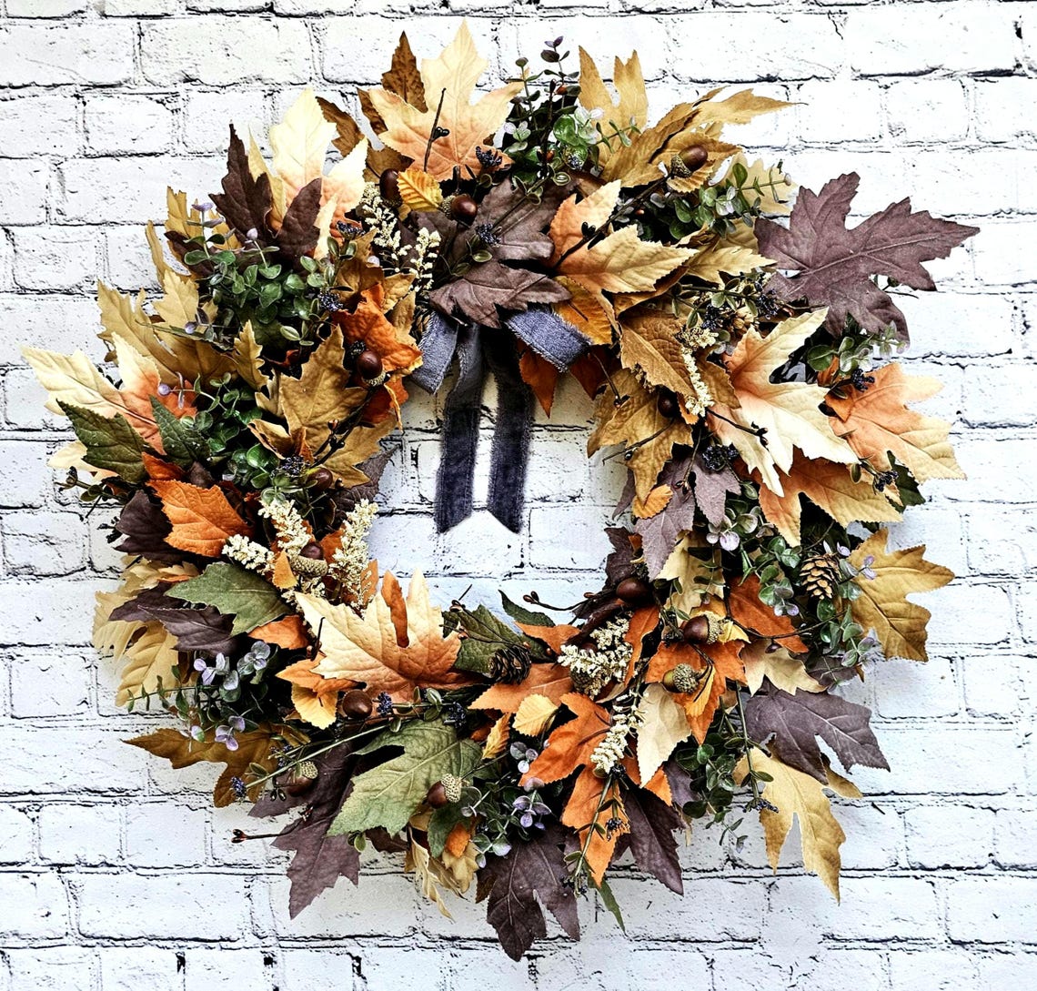 Handmade Fall Leaf Wreath With Acorns, Rustic Farmhouse Decor - Etsy