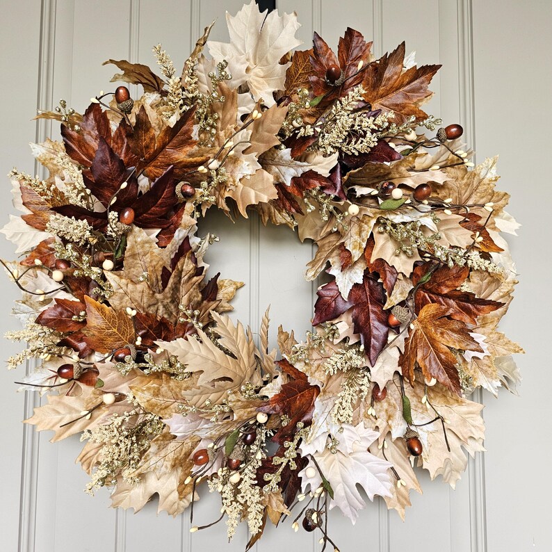 Handmade Fall Leaf Wreath, Beige Brown Acorn Autumn Decor - Etsy