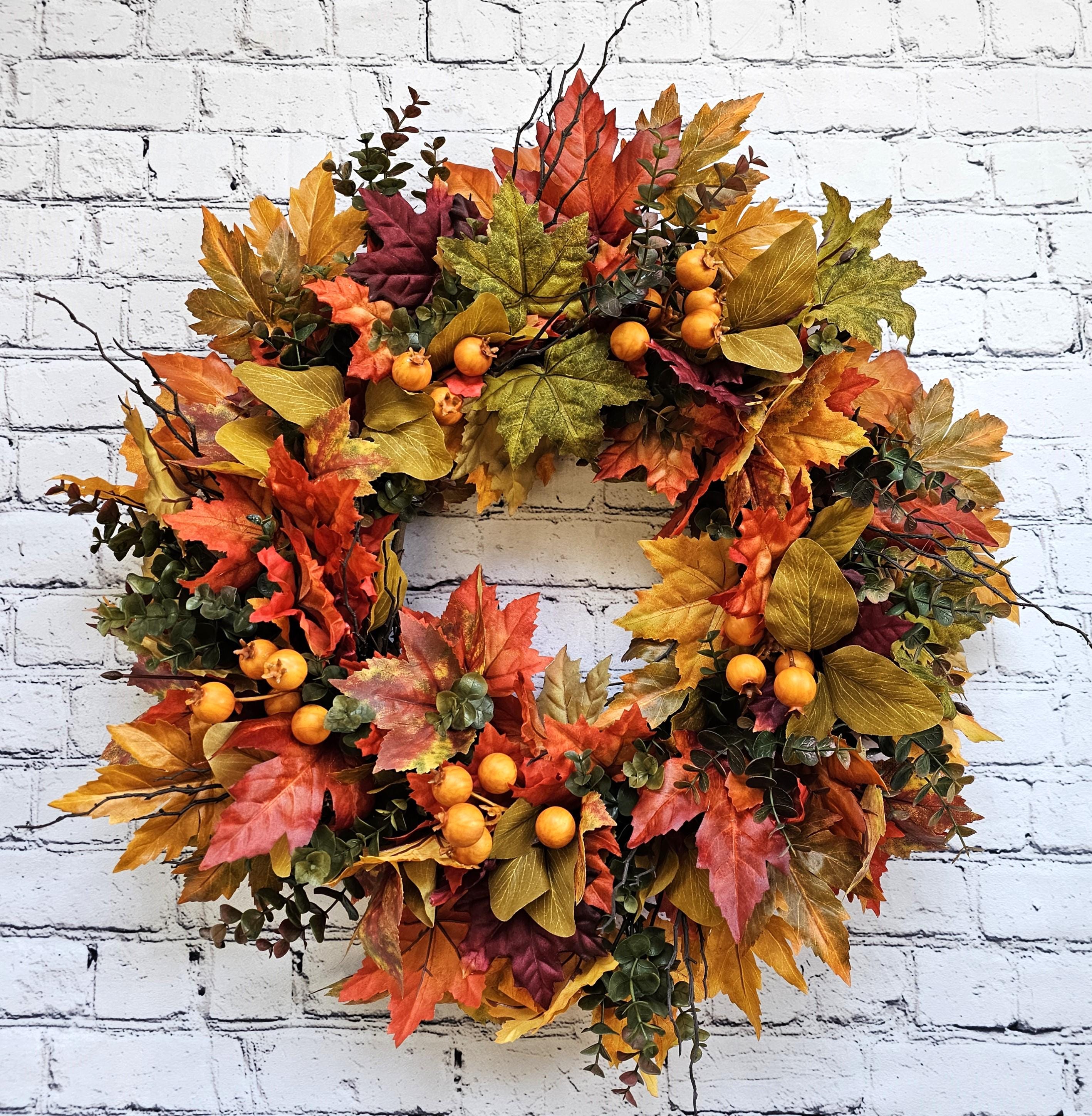 Handmade Fall Leaf Wreath Autumn Door Decoration Harvest Orange and ...