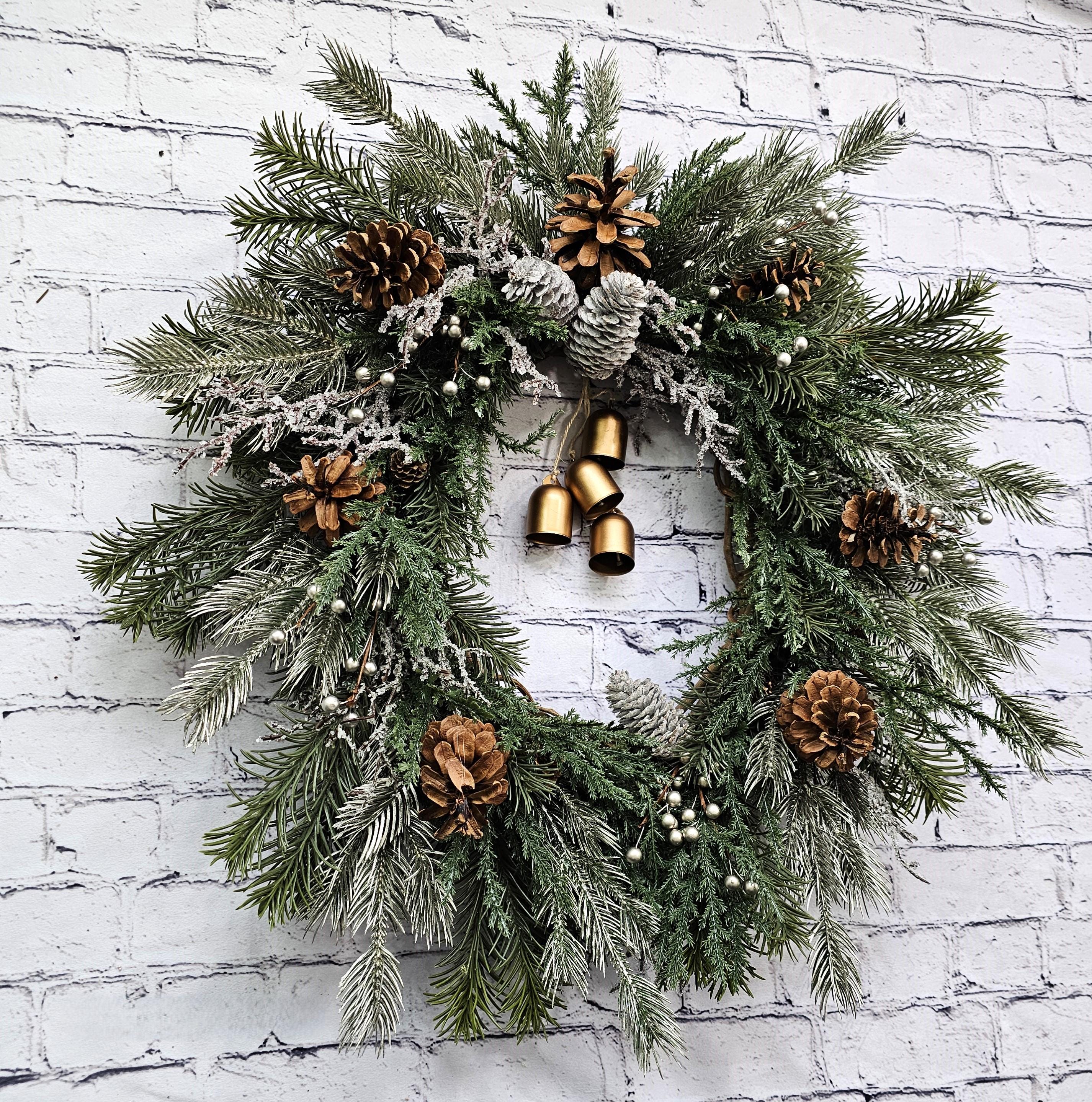 Rustic Winter Wreath, Frosted Greenery, Pinecones and Bells - Etsy