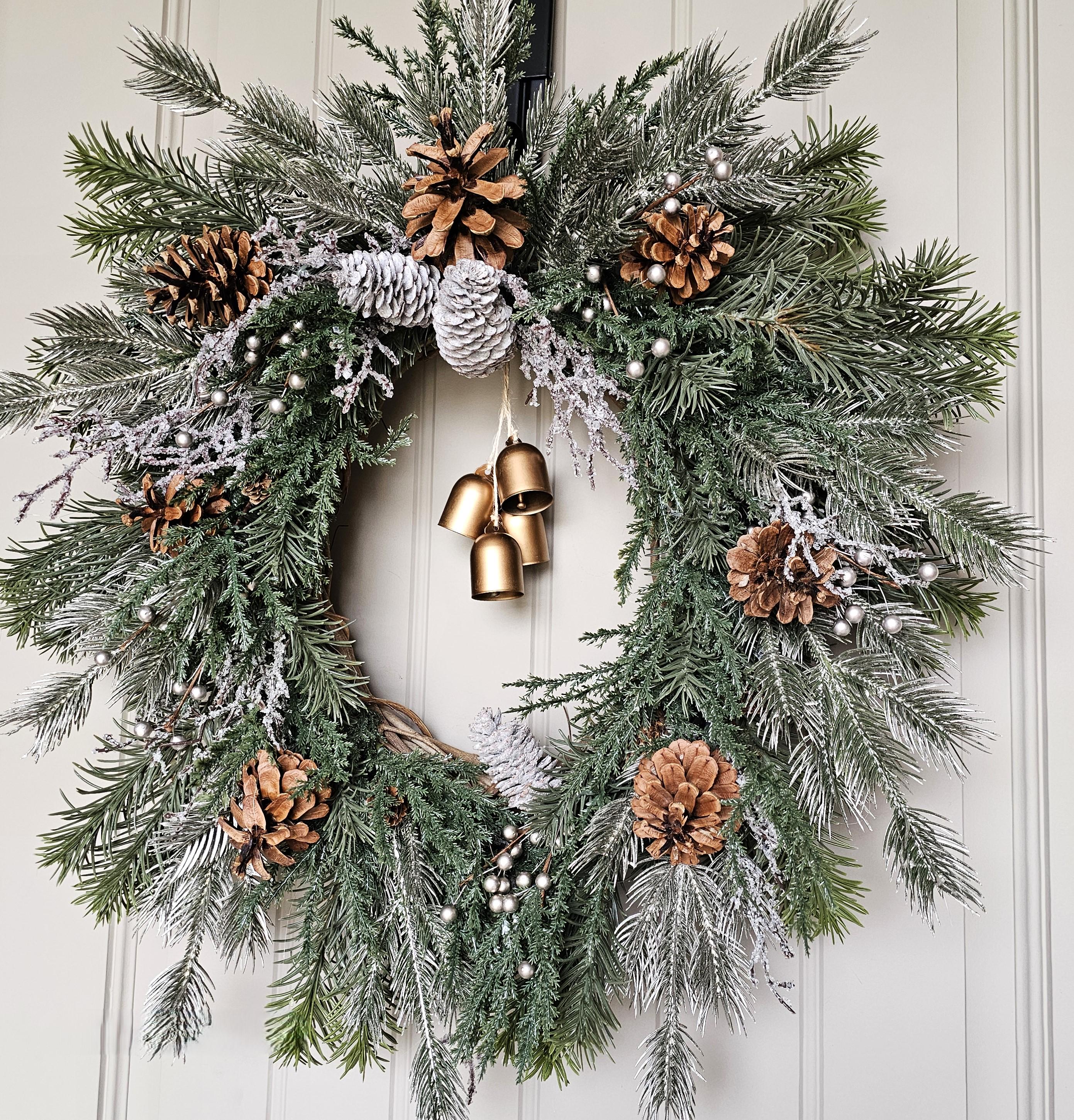Rustic Winter Wreath, Frosted Greenery, Pinecones and Bells - Etsy