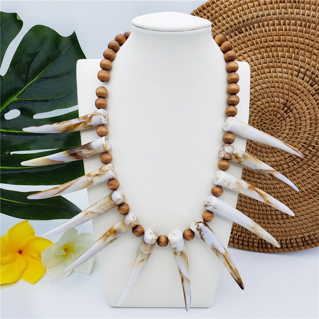 Hawaiian Ula Nifo Necklace With Teeth in 2 Different Colors and Wooden Beads - Etsy