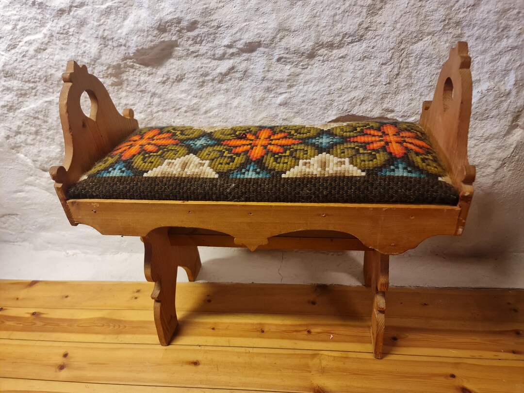 Vintage Norwegian Folk Art Bench With Traditional Flat Stitch Hand ...