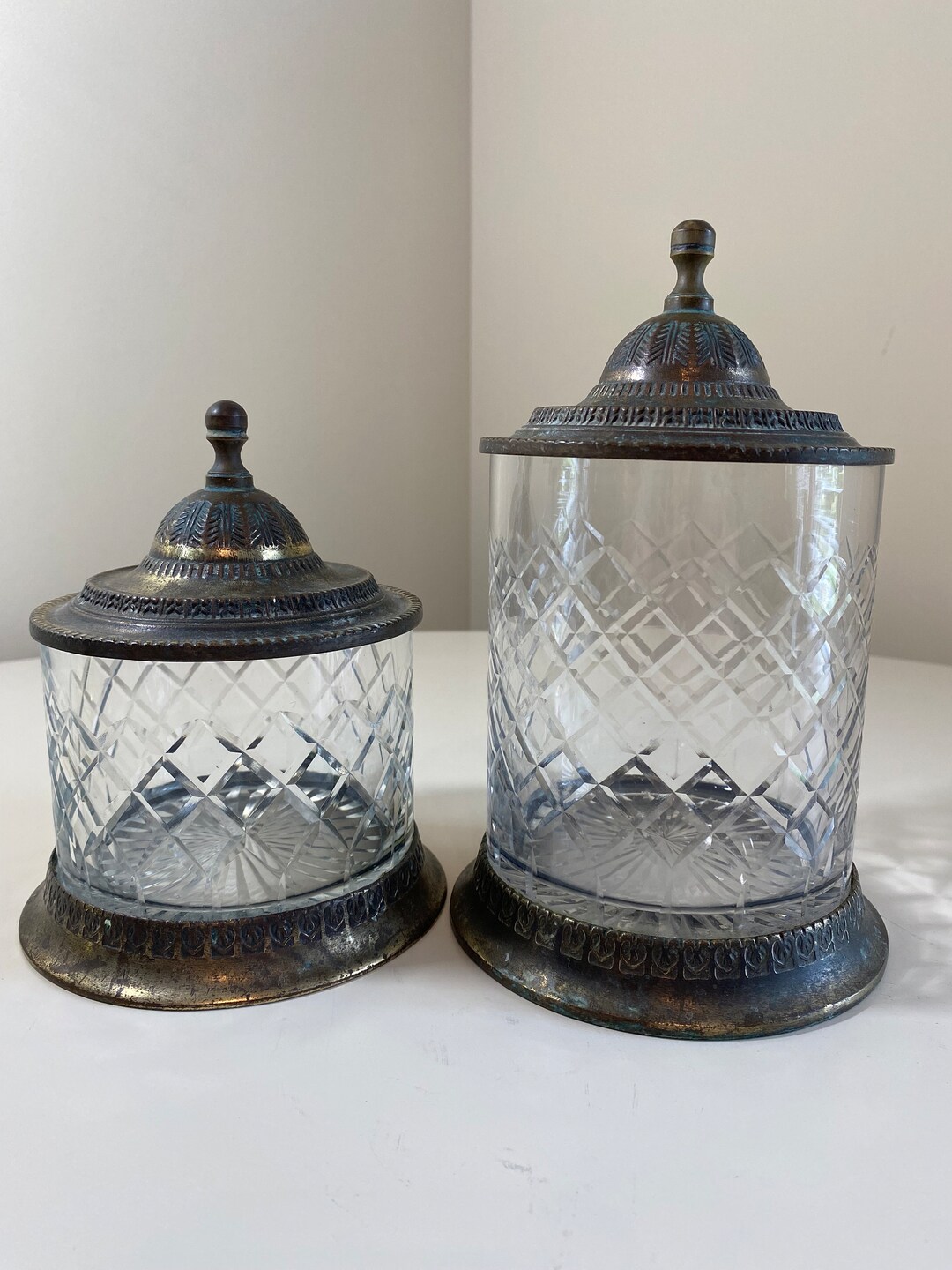 Vintage Pair of Vanity Jars: Two Cut Crystal Glass and Bronze Canisters ...