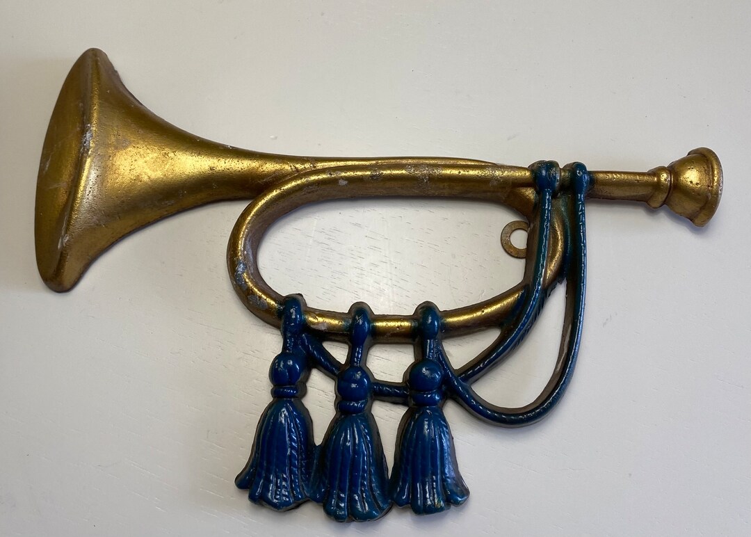 Vintage Metal Bugle Wall Accent Gold Bugle With Blue Tassel Accent ...