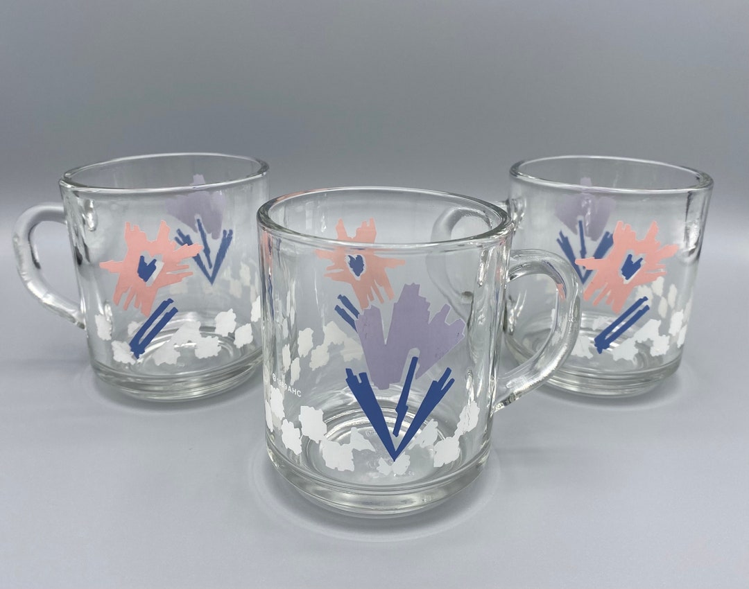 Vintage Anchor Hocking Mugs: Three Glass Mugs With Pastel Flowers and ...