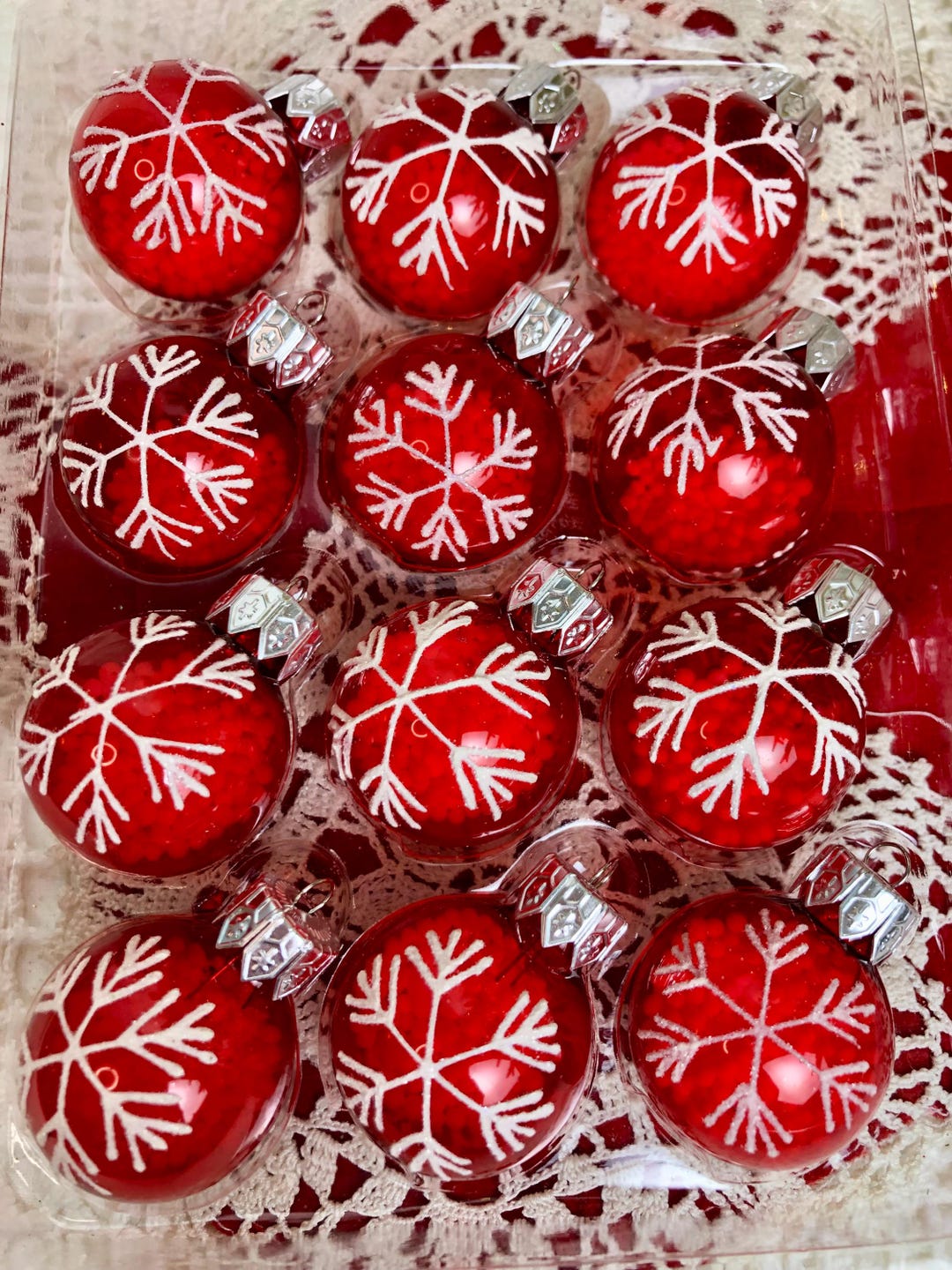 Set of Twelve Red Mini Glass Snowflake Christmas Tree Ornaments - Etsy