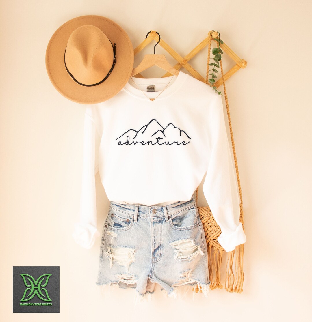 Embroidered Mountain Sweatshirt,outdoors Hiking Embroidery Crewneck ...