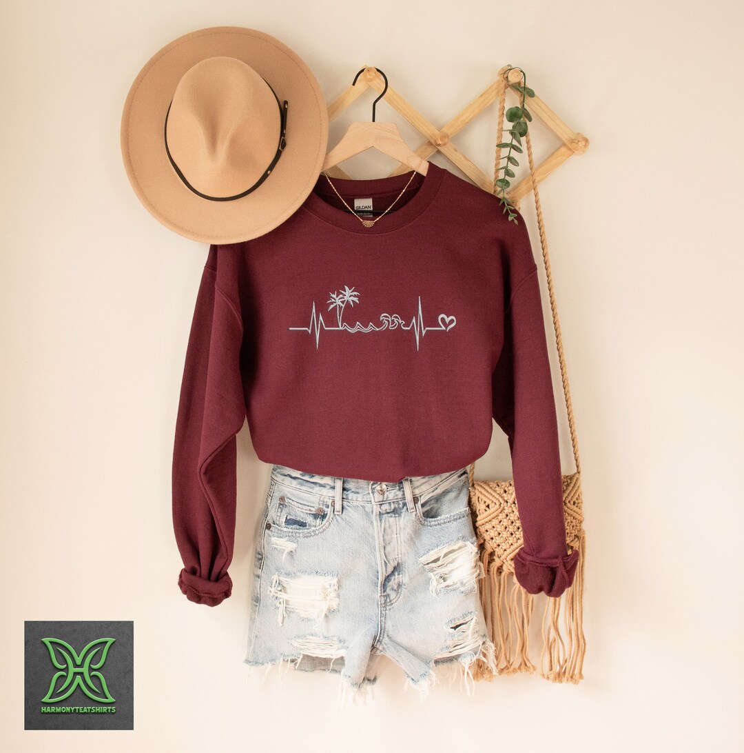 Beach Heartbeat Embroidered Sweatshirt,waves Heart Frequency,summer ...