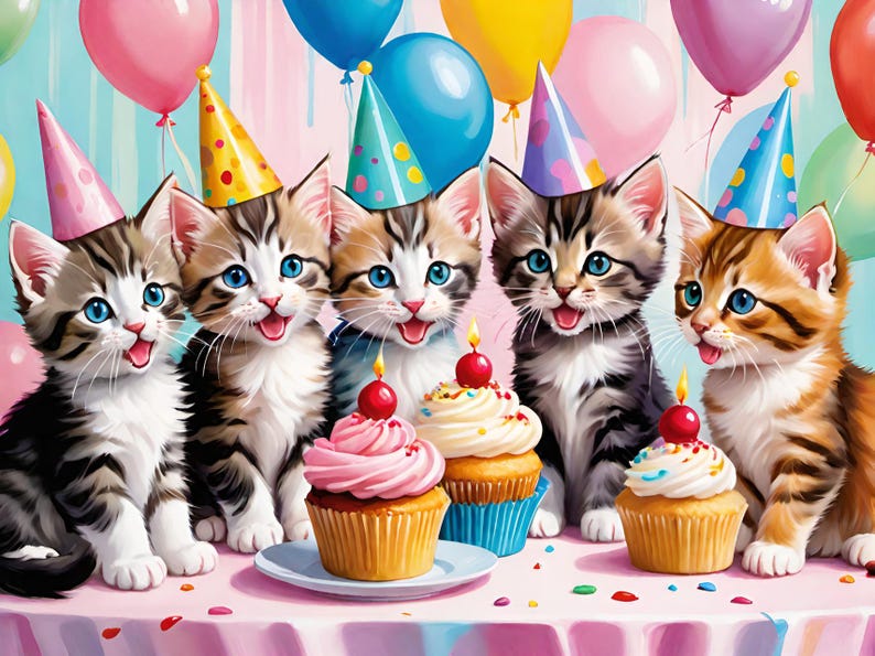5 Digital Images of Kittens at a Birthday Party Printable Bundle - Etsy