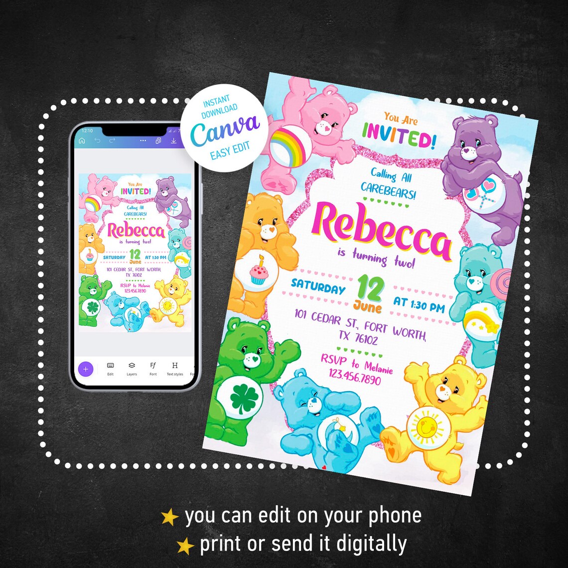 Printable Editable Care Bears Birthday Invitation, Birthday Party ...