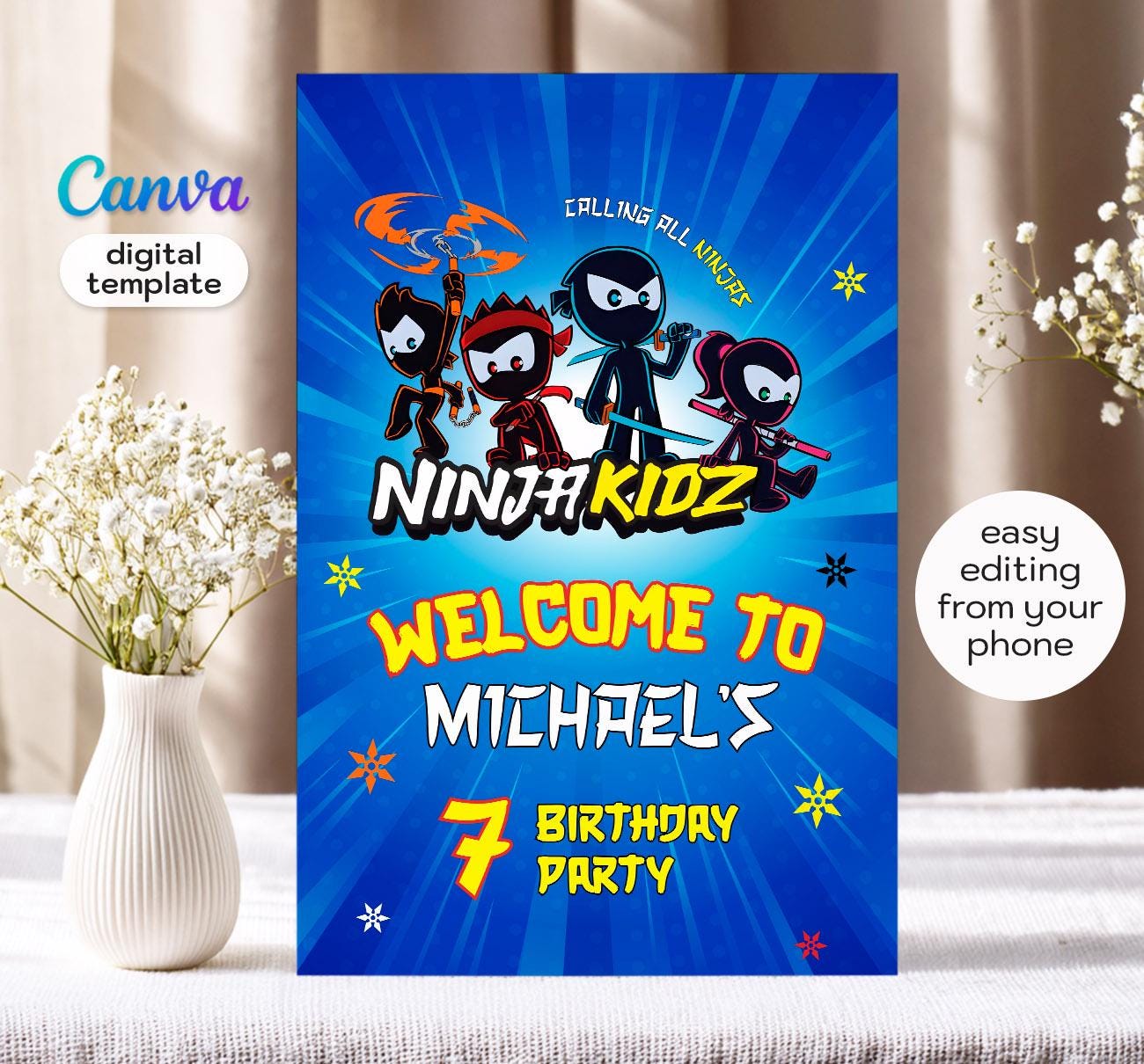 Ninja Kidz Welcome Sign Template, Printable Birthday Party Fighting ...
