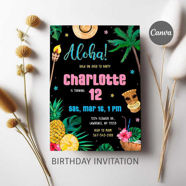 Aloha Party Invitation, Luau Birthday, Printable Editable Girl Invite ...