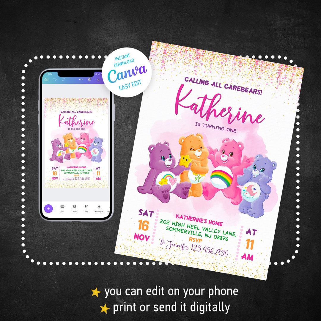 Printable Editable Care Bears Birthday Invitation, Birthday Party ...