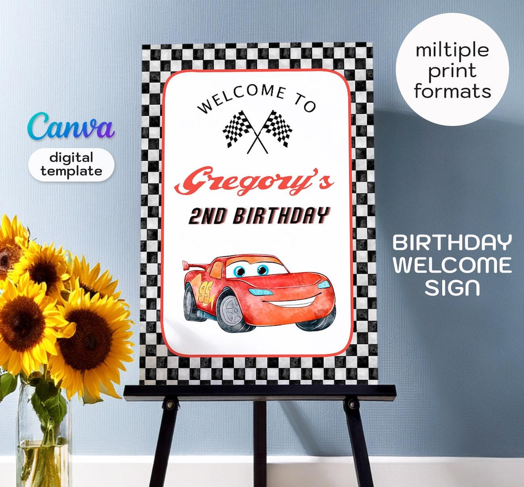 Lightning Mcqueen Welcome Sign, Cars 2nd Birthday Party Entrance Poster ...