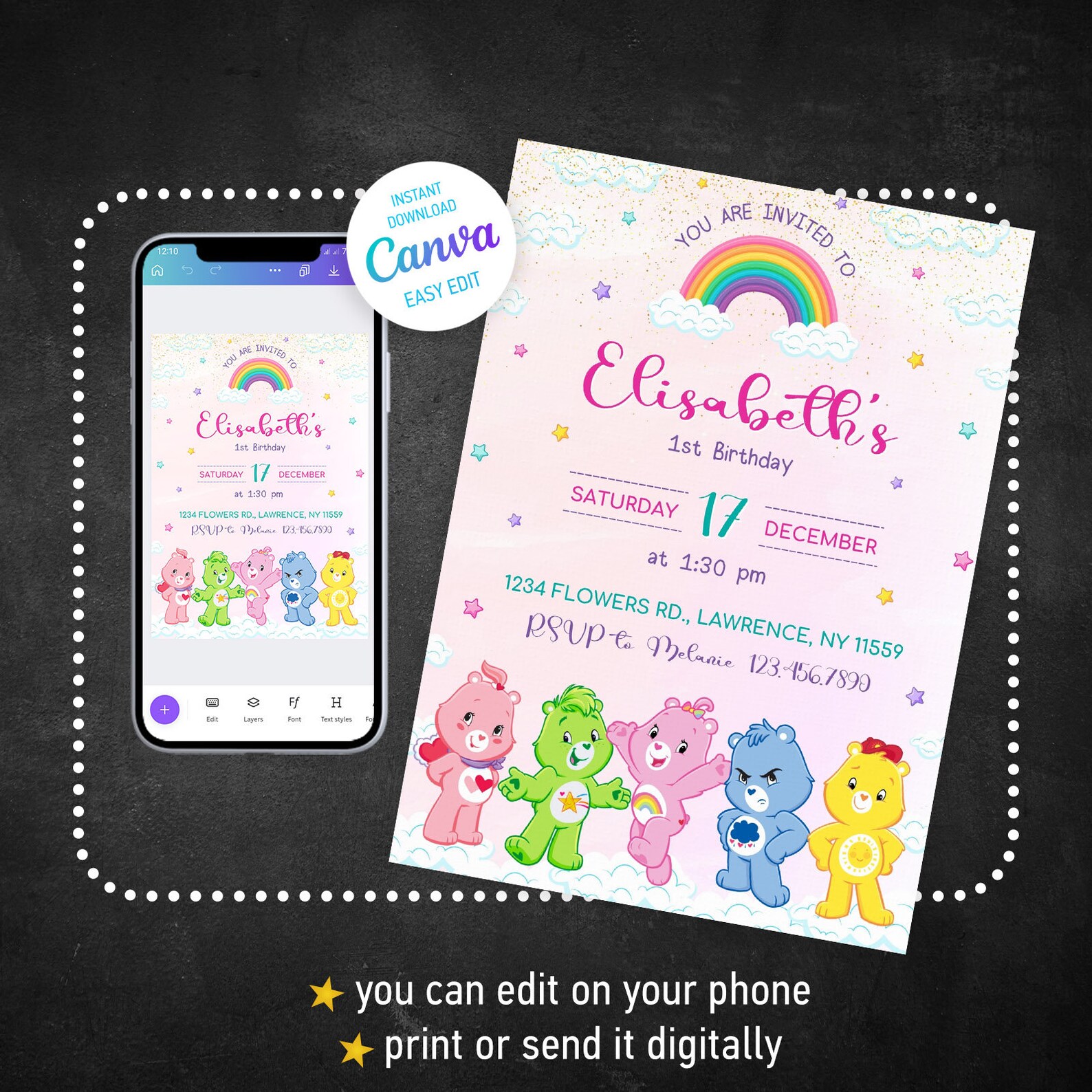 Printable Editable Care Bears Birthday Invitation, Birthday Party ...