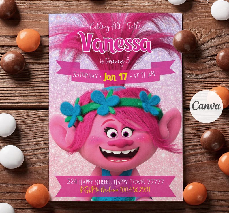 Printable Birthday Invitation, Editable Trolls Invite, Girl Birthday ...