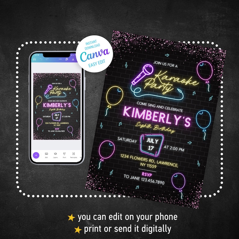 Editable Karaoke Party Birthday Invitation, Sing Glow Karaoke Birthday ...
