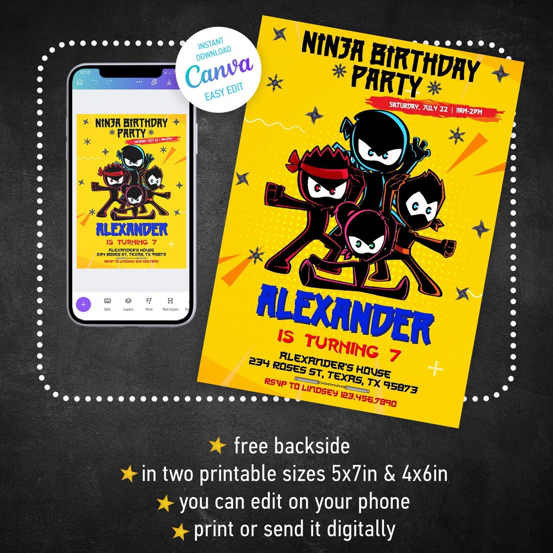 Ninja Kidz Editable Printable Invitation, Boy Girl Birthday Invitation ...