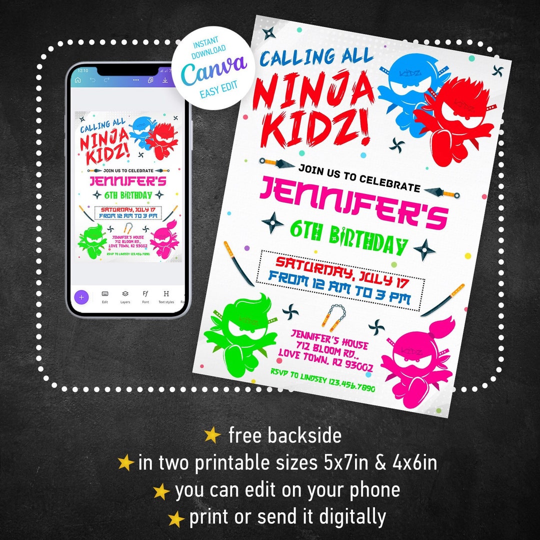Ninja Kidz Editable Printable Invitation, Boy Girl Birthday Invitation ...
