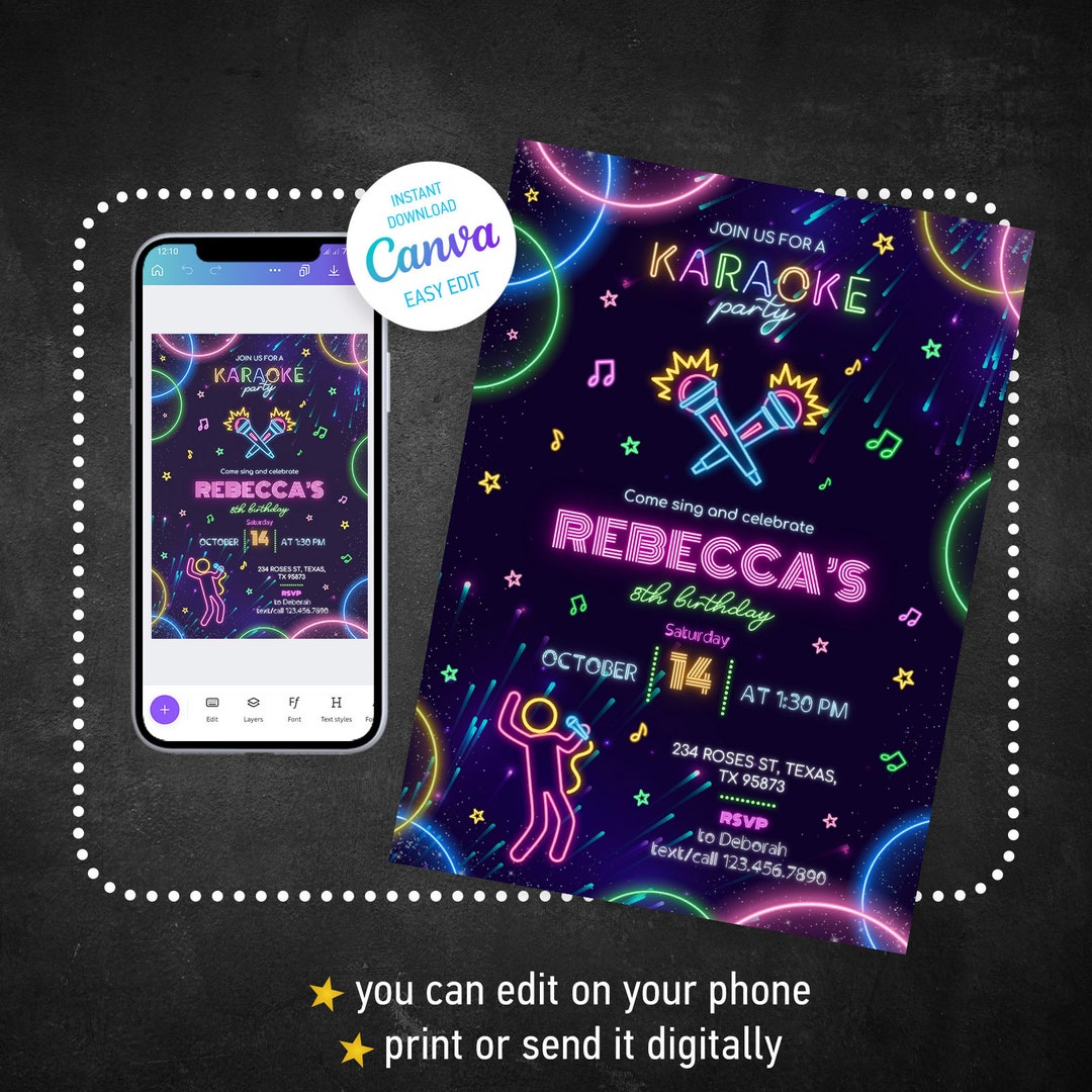 Editable Karaoke Party Birthday Invitation, Sing Glow Karaoke Birthday ...