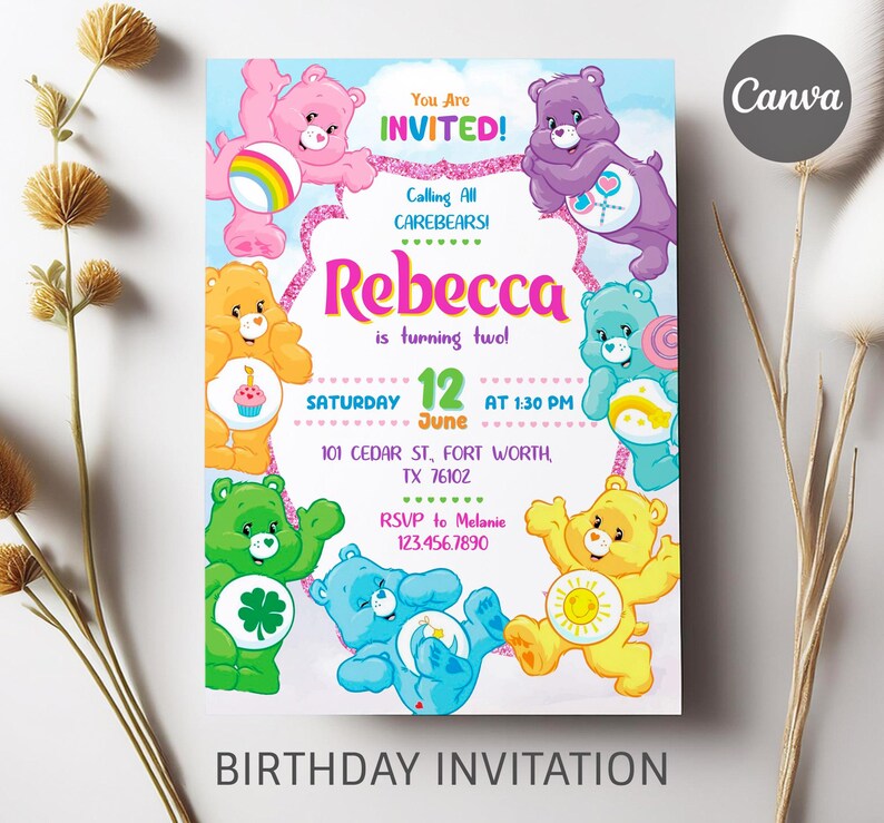 Printable Editable Care Bears Birthday Invitation, Birthday Party ...