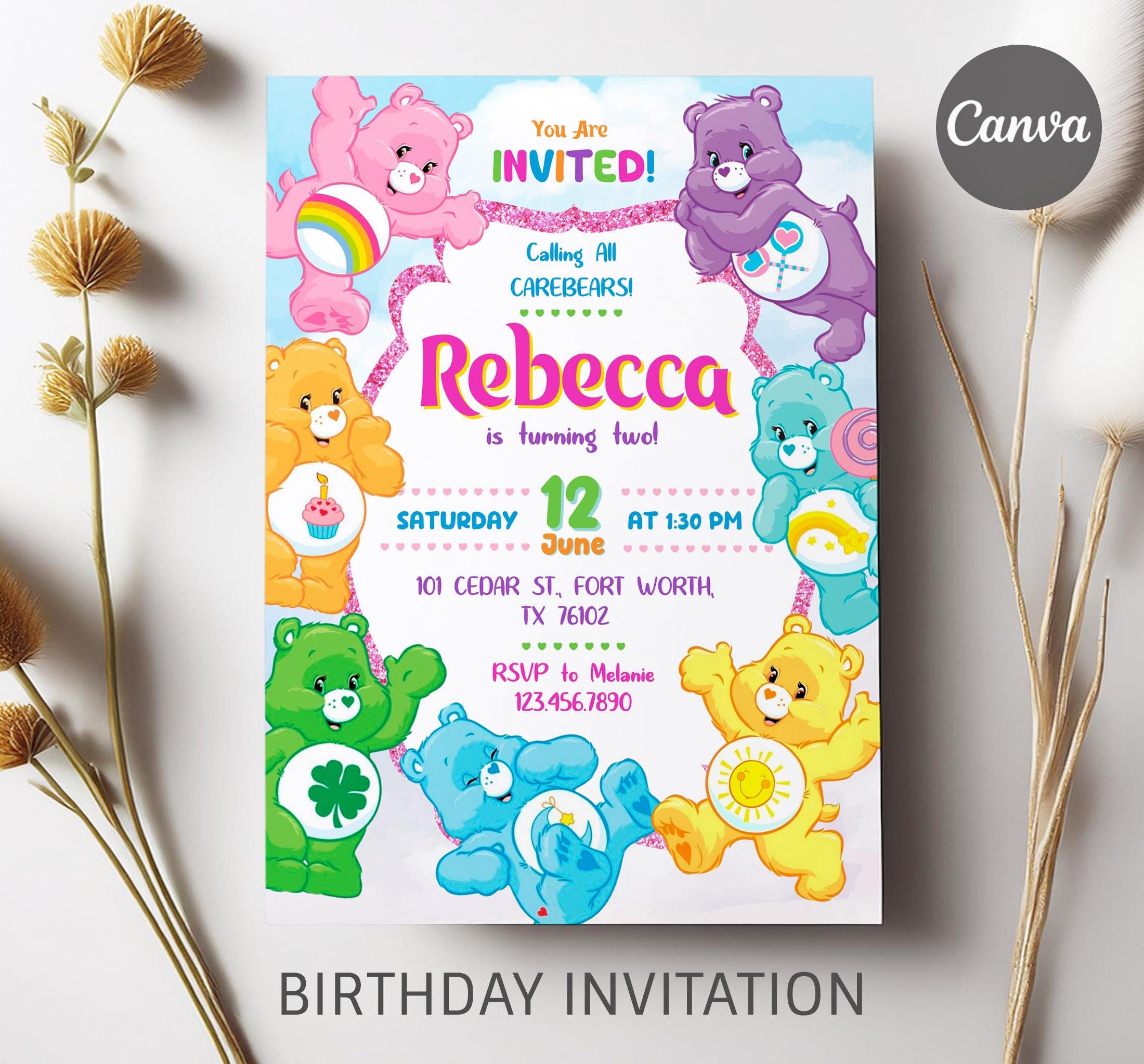 Printable Editable Care Bears Birthday Invitation, Birthday Party ...