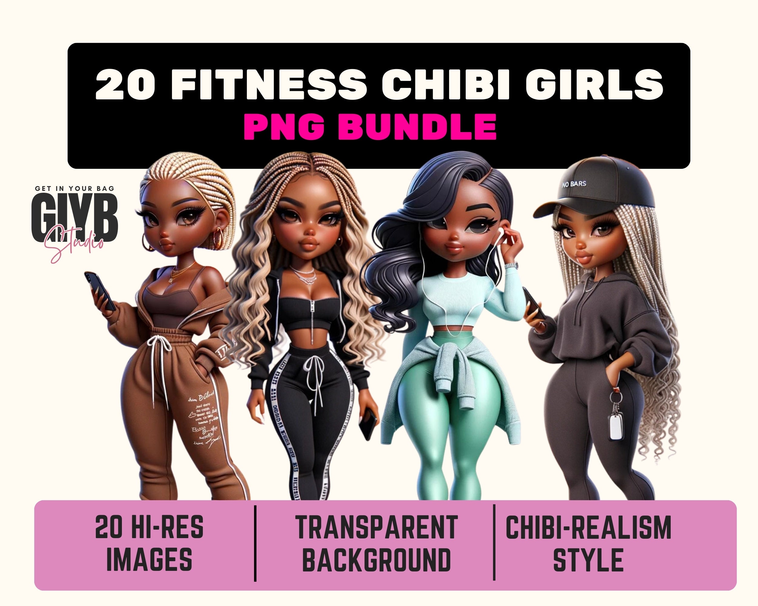 20 Chibi African-american Women PNG Bundle, Gym Chibi Black Girls ...