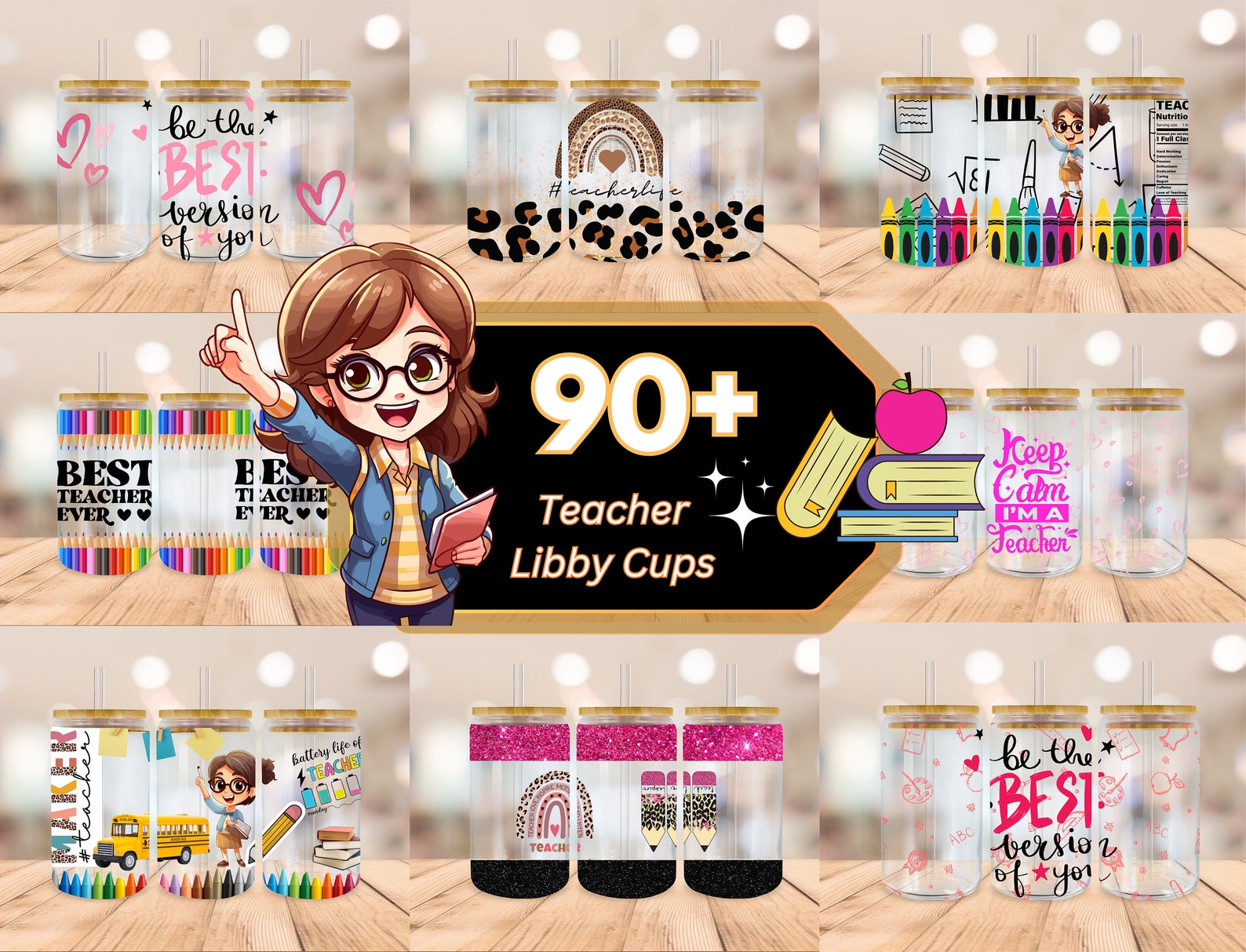 Teacher Glass Can Png Bundle, Libbey 16 Oz Can Wrap Png, Retro Teacher ...