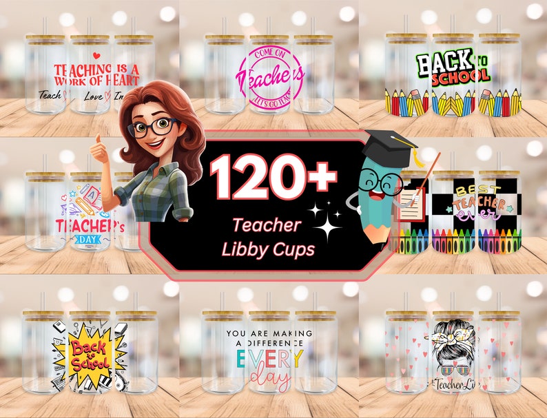 Teacher Glass Can Png Bundle, Libbey 16 Oz Can Wrap Png, Retro Teacher ...