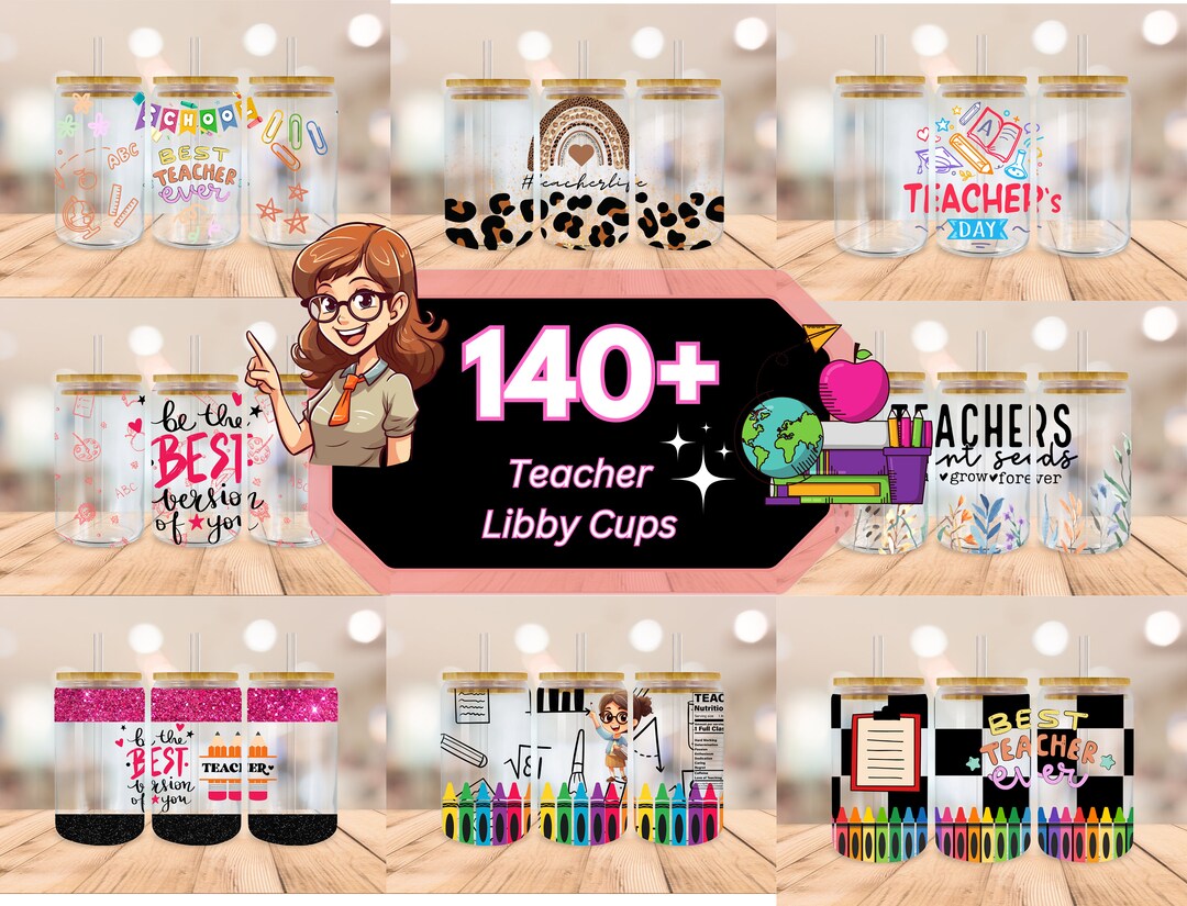Teacher Glass Can Png Bundle, Libbey 16 Oz Can Wrap Png, Retro Teacher ...