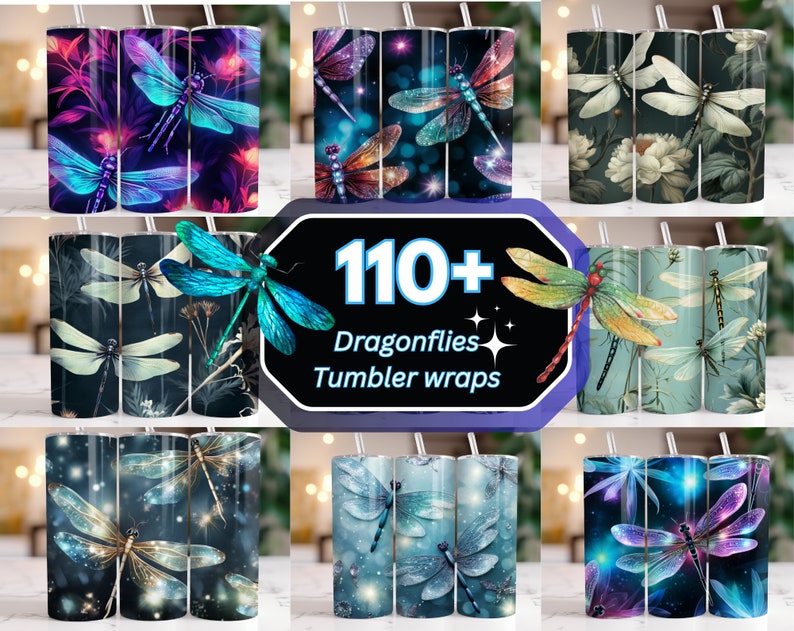 110 + Dragonflies Tumbler Wrap, 20oz Skinny Tumbler Wrap Sublimation Design, Alcohol Ink ...