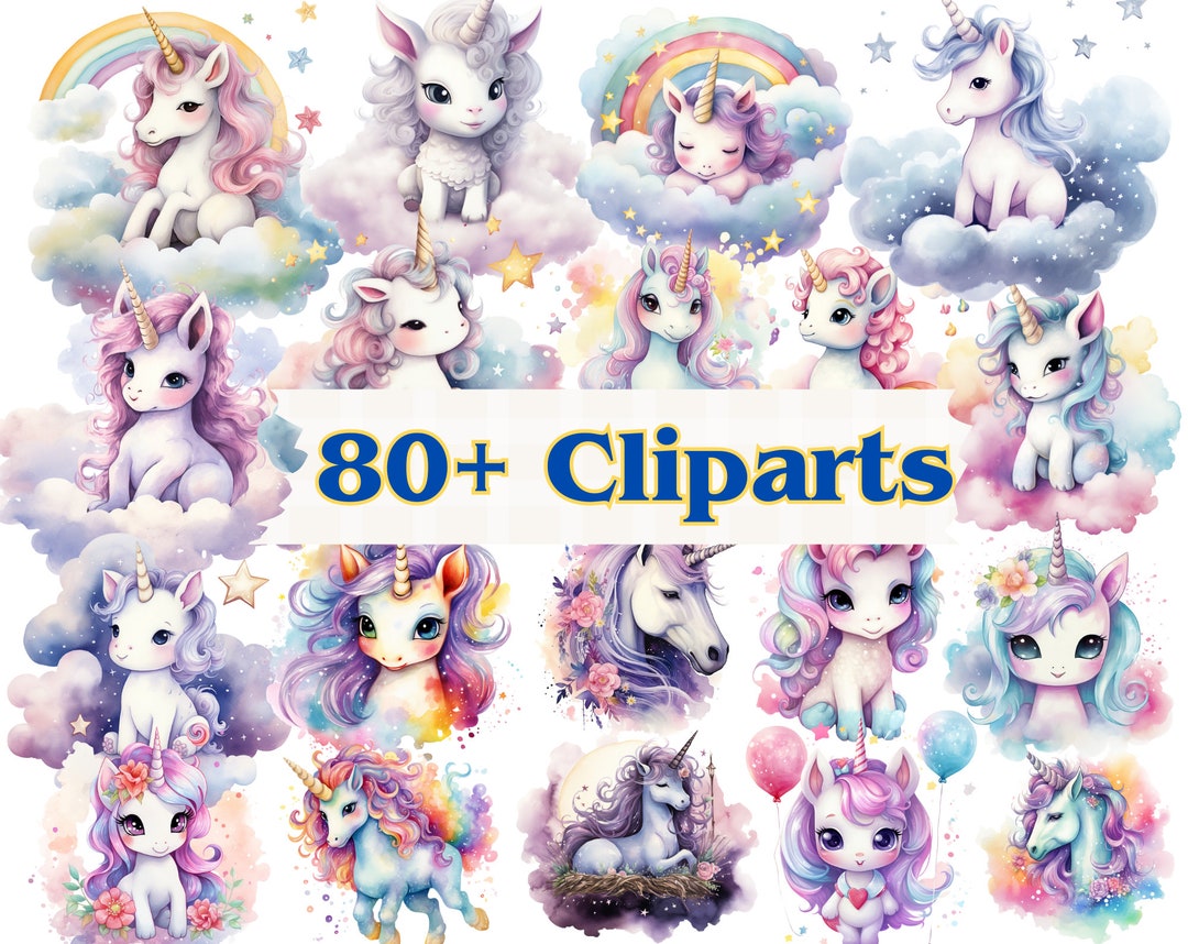 80+ Watercolor Unicorn Clipart Bundle, Commercial Use, Watercolor Cute ...