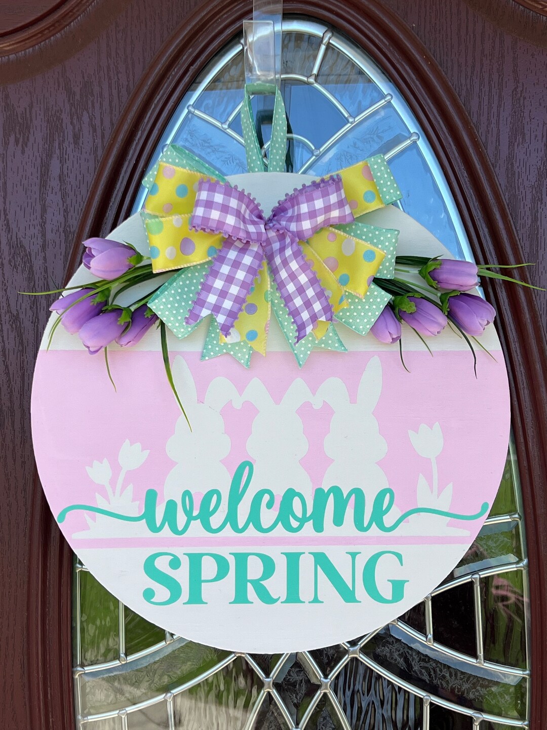 Easter Door Hanger, Welcome Spring Front Door Wood Round, Easter Wreath ...