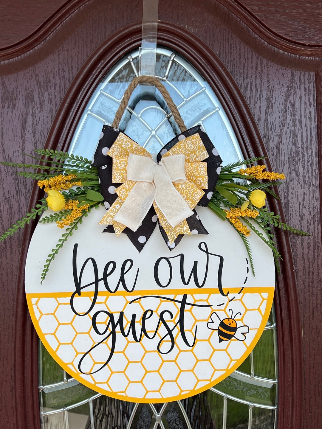 Bee Front Door Hanger, Bee Our Guest Summer Wood Round, Entryway Home ...