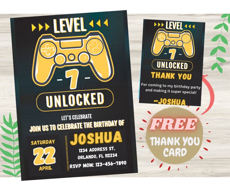 Editable Video Game Party Invitation, Free Thank You Card Included ...
