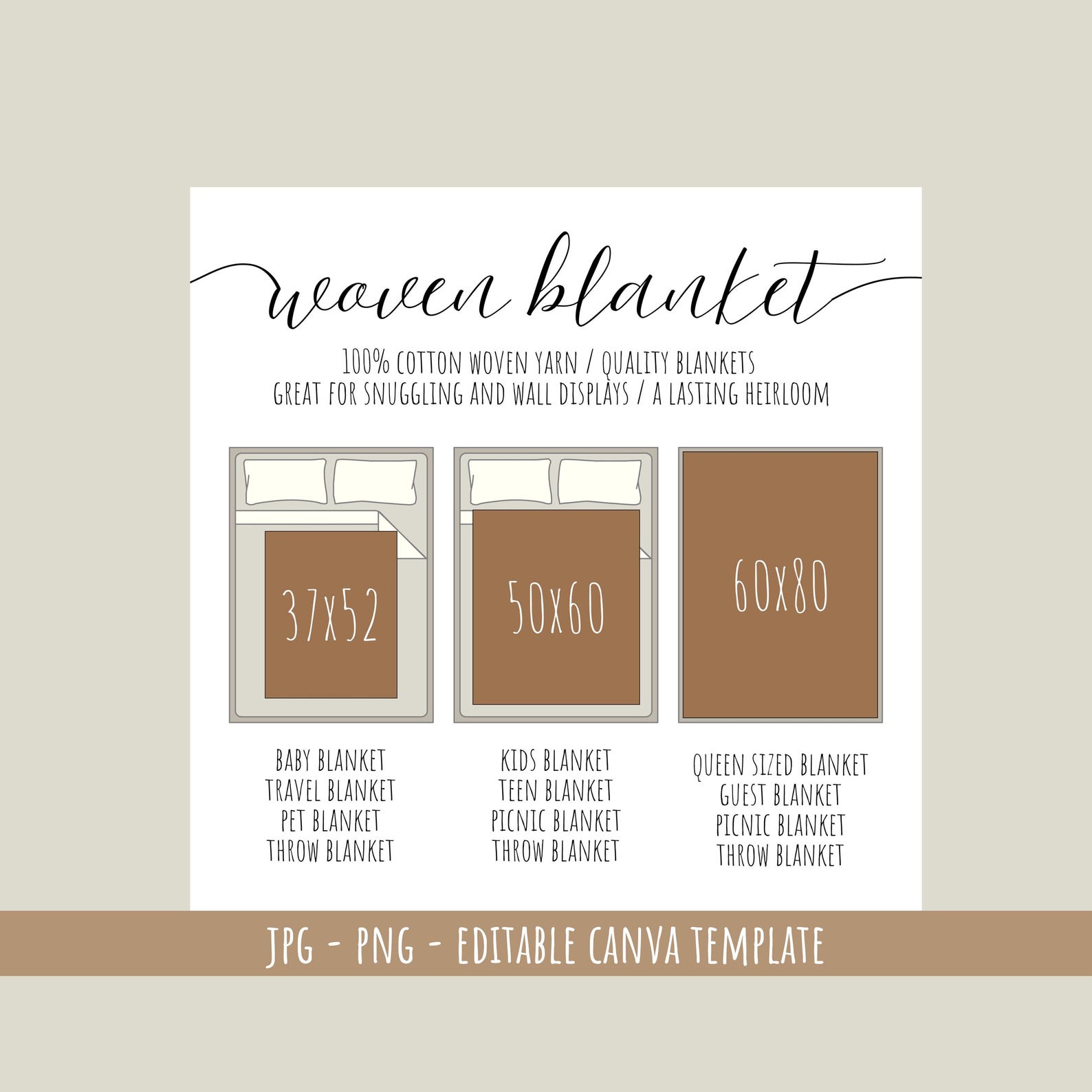 Woven Blanket Size Guide Instant Download Woven Blanket Size Chart ...
