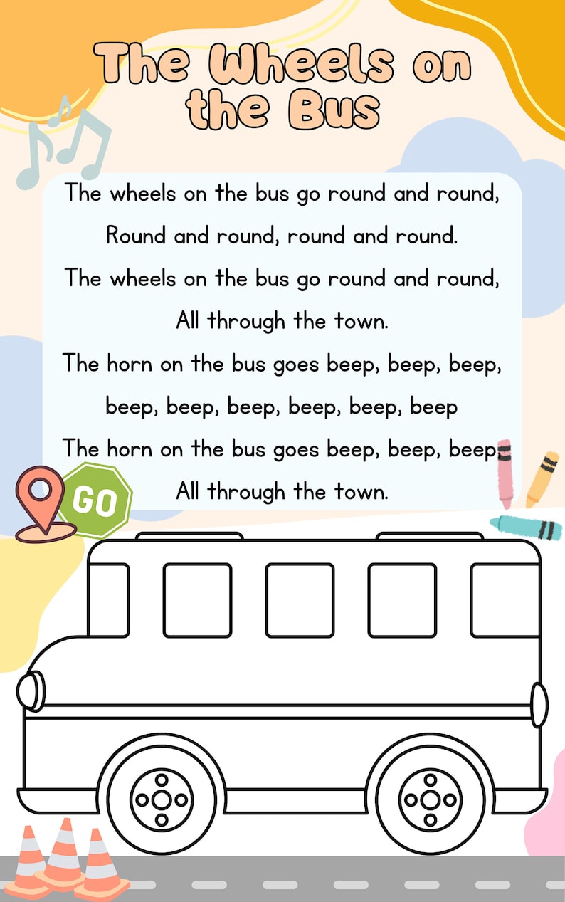 Nursery Rhymes Coloring Pages - the Wheels on the Bus, Printable ...
