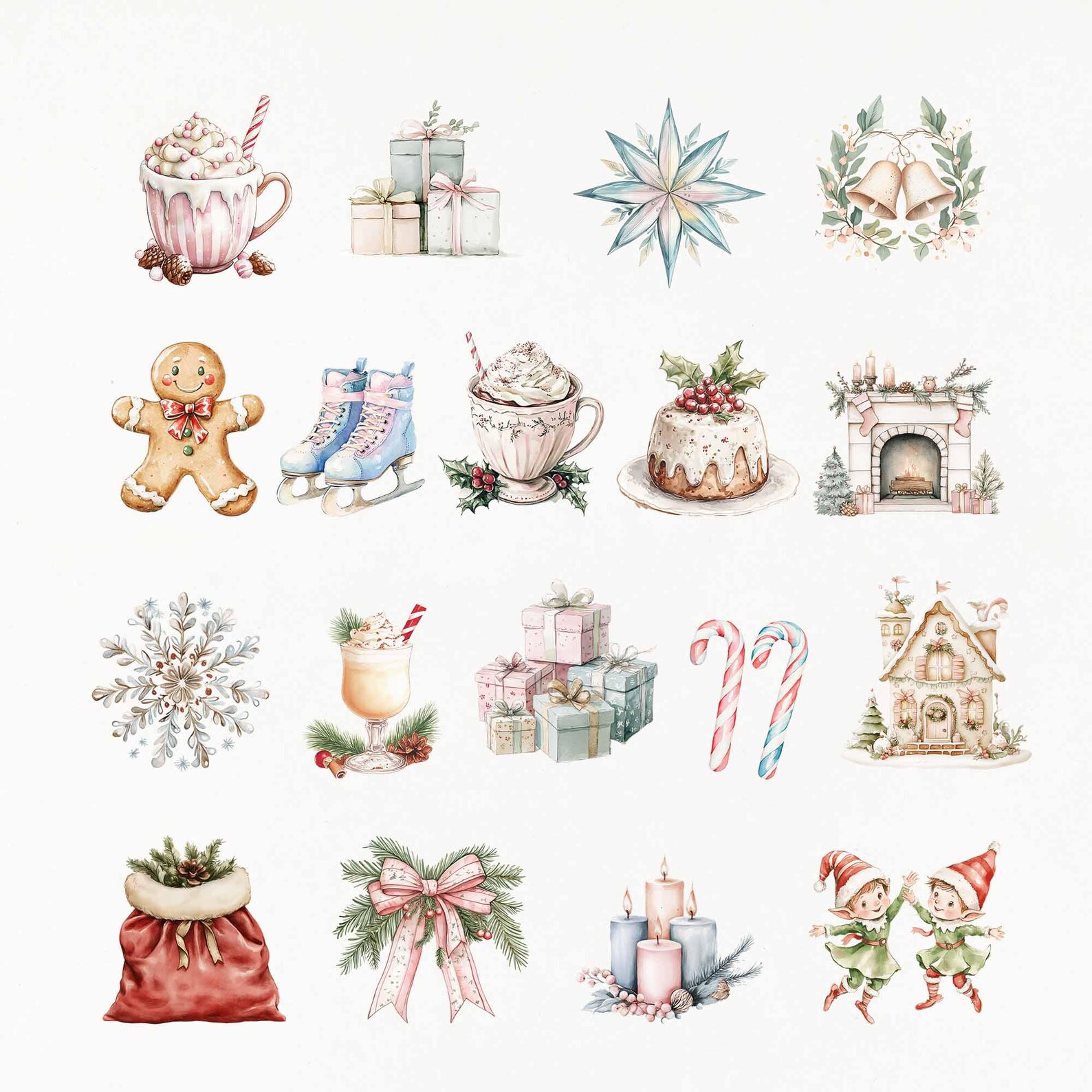 Christmas Set Clipart, Watercolor Winter PNG, Christmas Bow ...